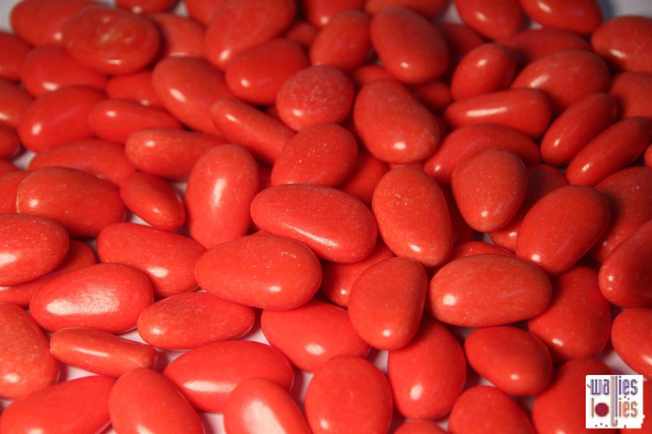 Red Sugared Almonds in 500g bag. Wallies Lollies